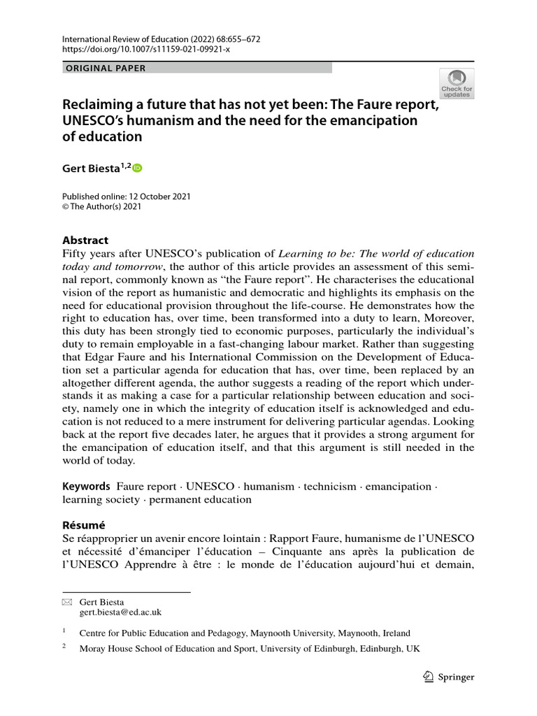 BIESTA, G. Reclaiming A Future That Has Not Yet Been - The Faure Report ...