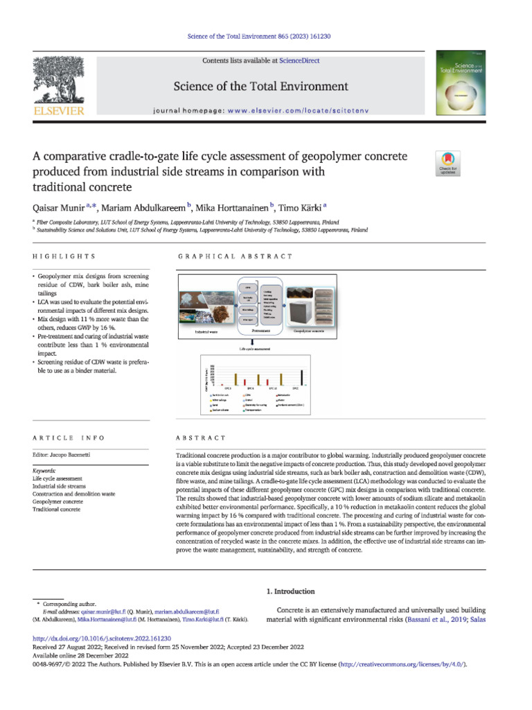 A Comparative Cradle-To-Gate Life Cycle Assessment of Geopolymer ...
