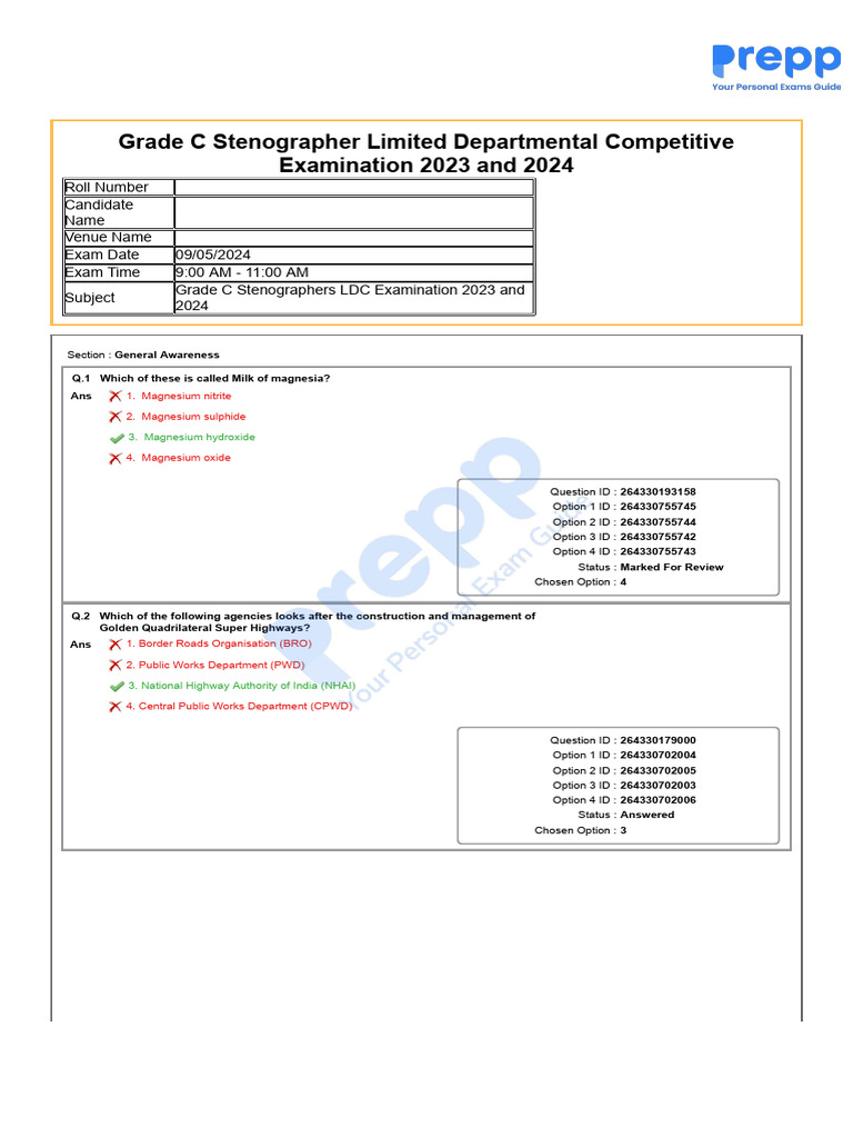 SSC Grade C Stenographer LDCE Official Paper Held On 09 May 2024 | PDF