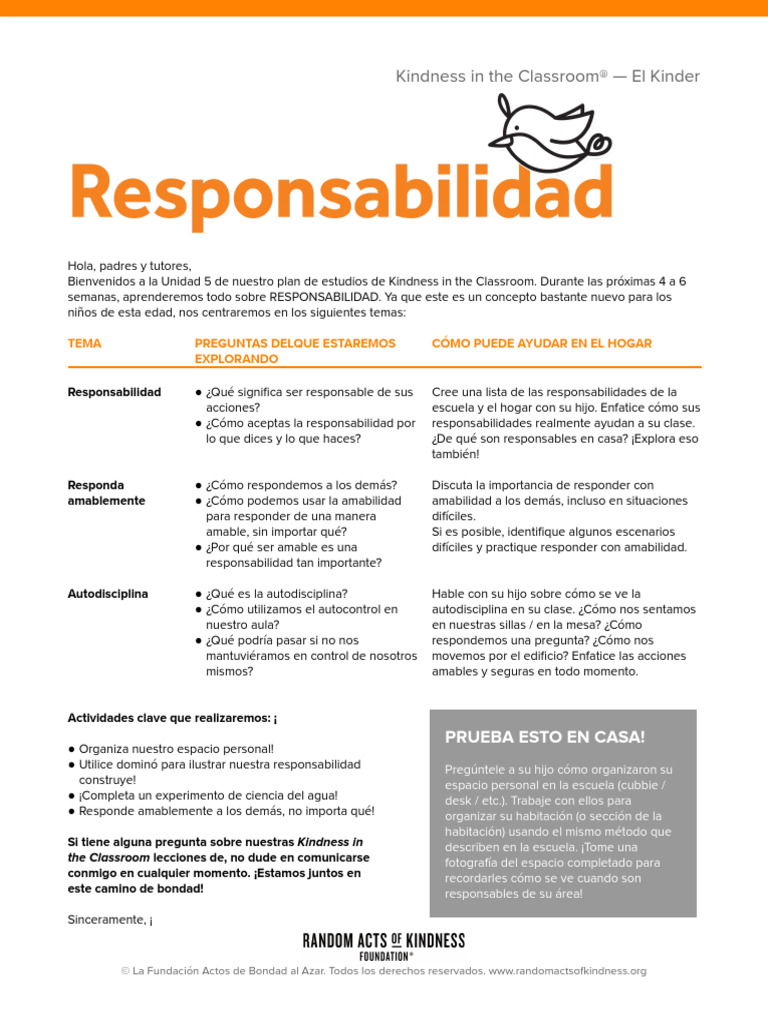 一Grade Grade K Responsibility Family Letter Spanish | PDF