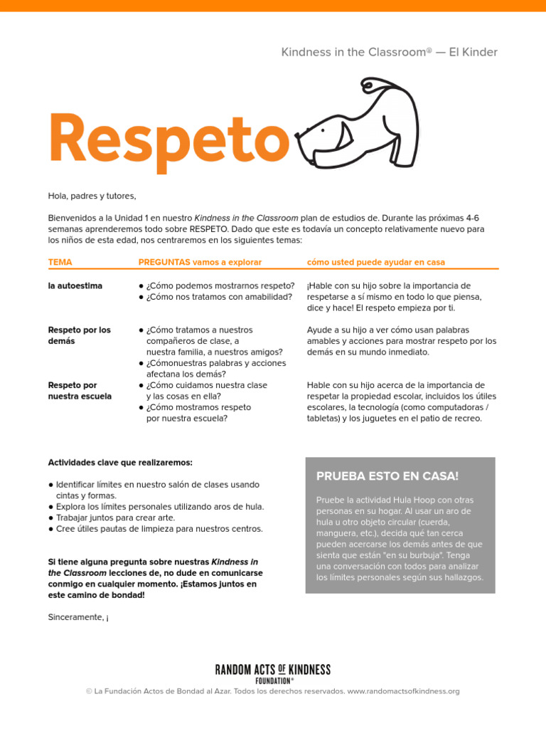 一Grade Grade K Respect Family Letter Spanish | PDF