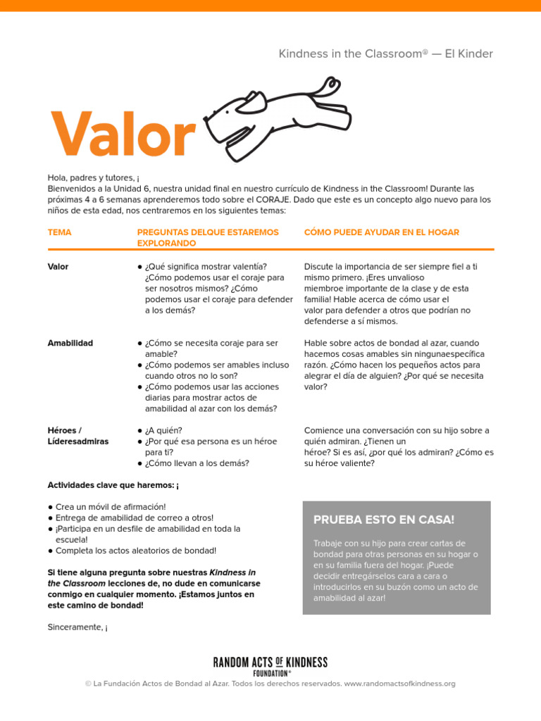 一Grade Grade K Courage Family Letter Spanish | PDF