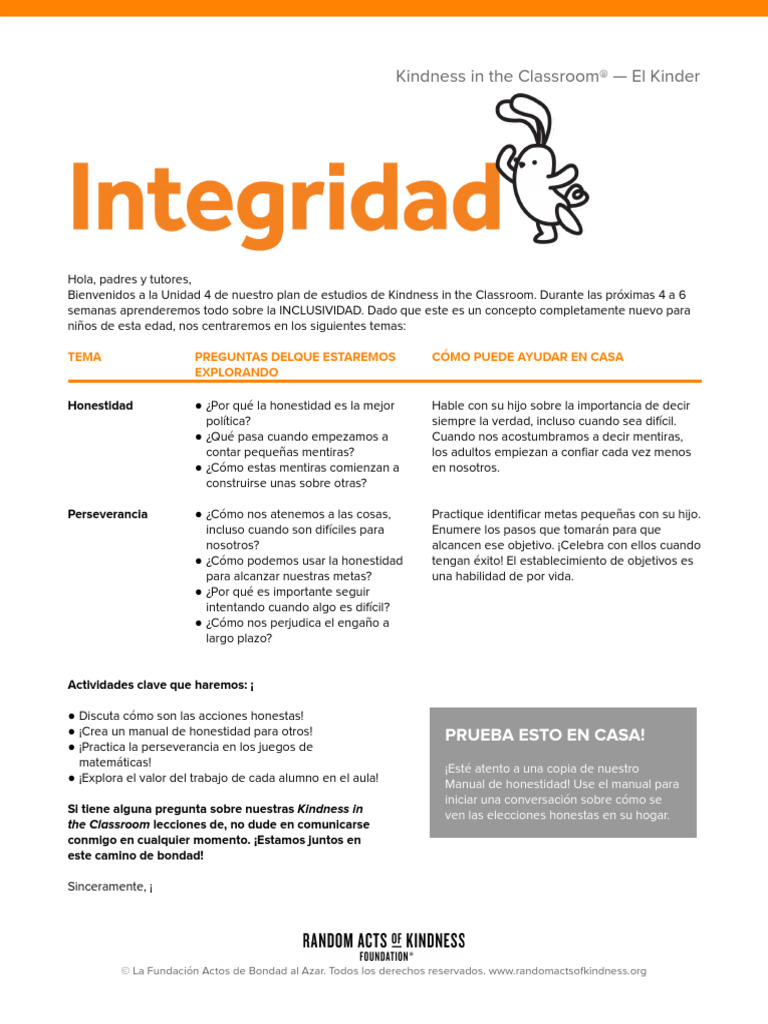一Grade Grade K Integrity Family Letter Spanish | PDF
