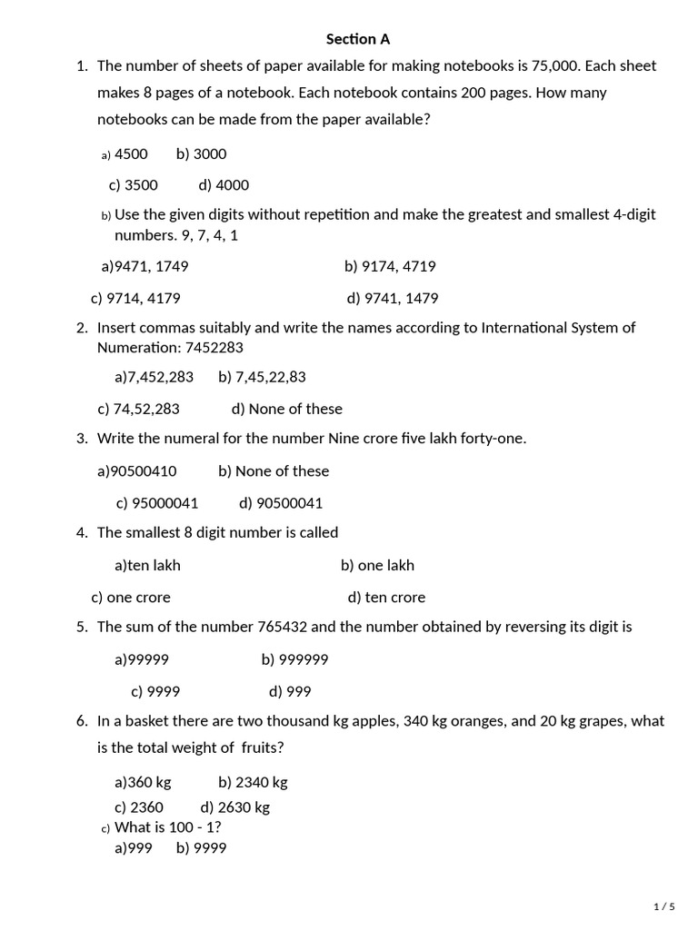 Class 6 Mathematics Worksheet - Knowing Our Numbers | PDF | Kilogram