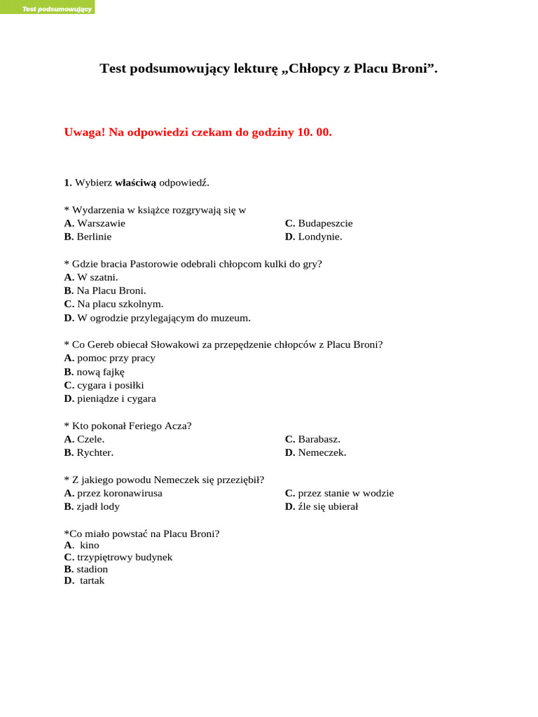 Test Podsumowujacy Lekture Chlopcy Z Placu Broni Kl. 5 | PDF