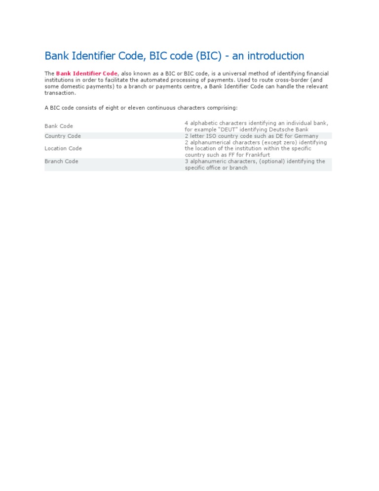 Understanding Bank Identifier Codes (BIC) | PDF