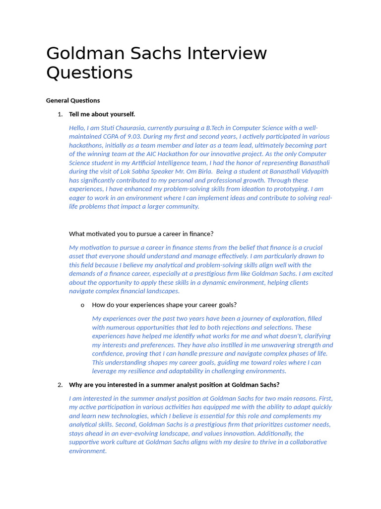 Goldman Sachs Interview Questions | PDF
