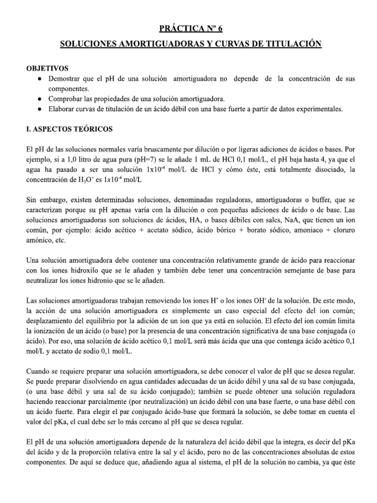 Práctica 6 Soluciones Amortiguadoras y Curvas de Titulación | PDF