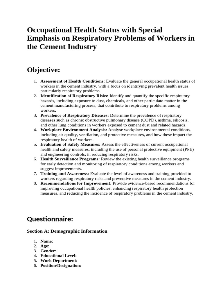 Objective & Questionnaire For Occupational Health Status With Special ...