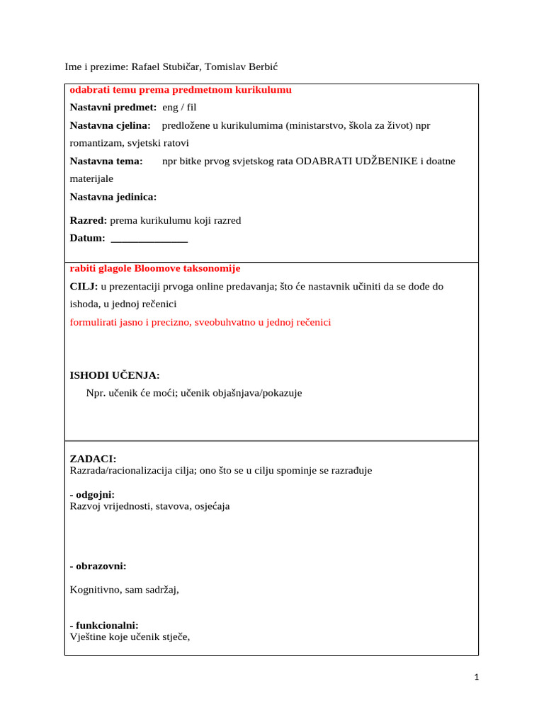 OBRAZAC Pripreme Za Nastavni Sat | PDF