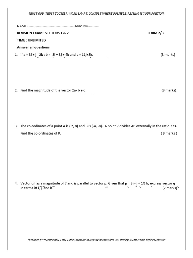 Kcse Revision Exam Vector 1 & 2 Brian f2 | PDF