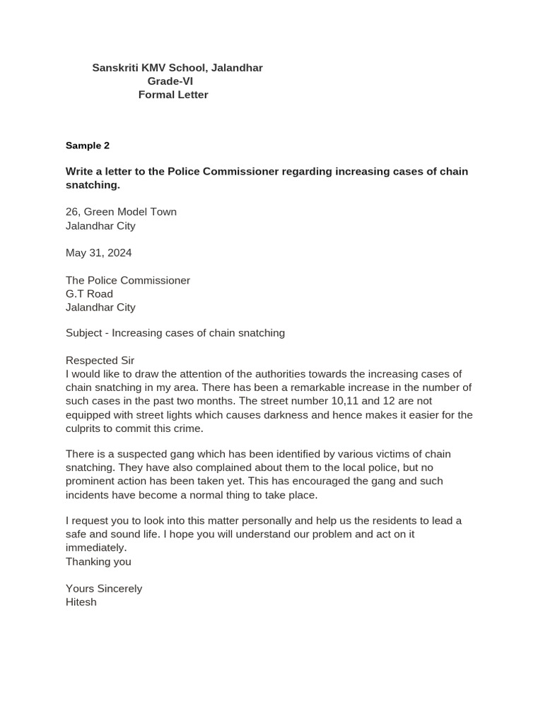 Formal Letter - Grade 6 | PDF