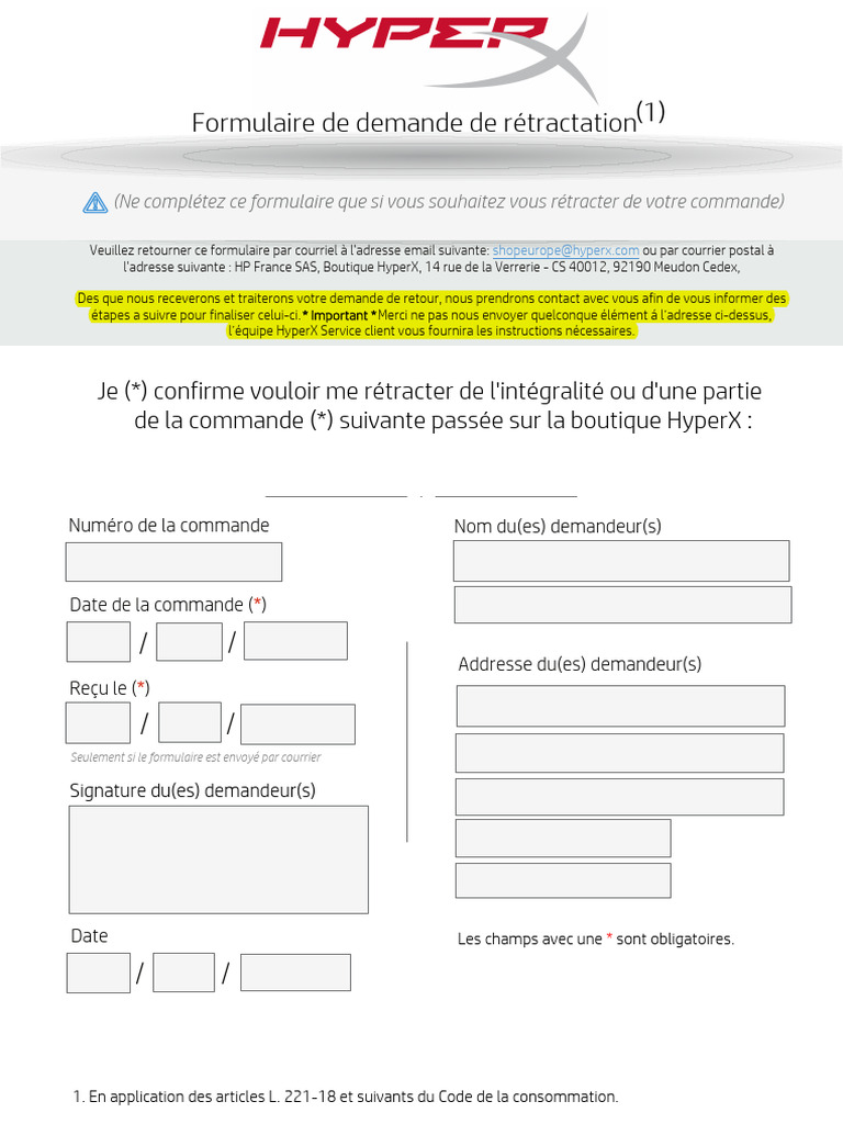 Formulaire de Demande de Retractation FR | PDF