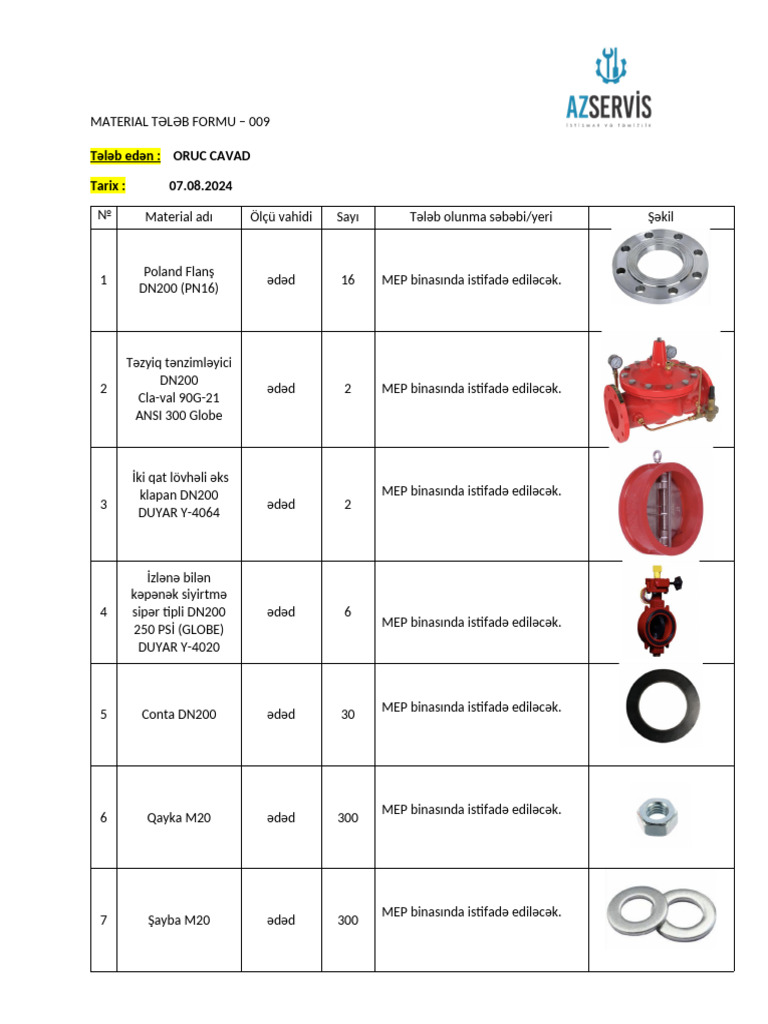 BOS - Material TƏLƏB Formu 009 | PDF