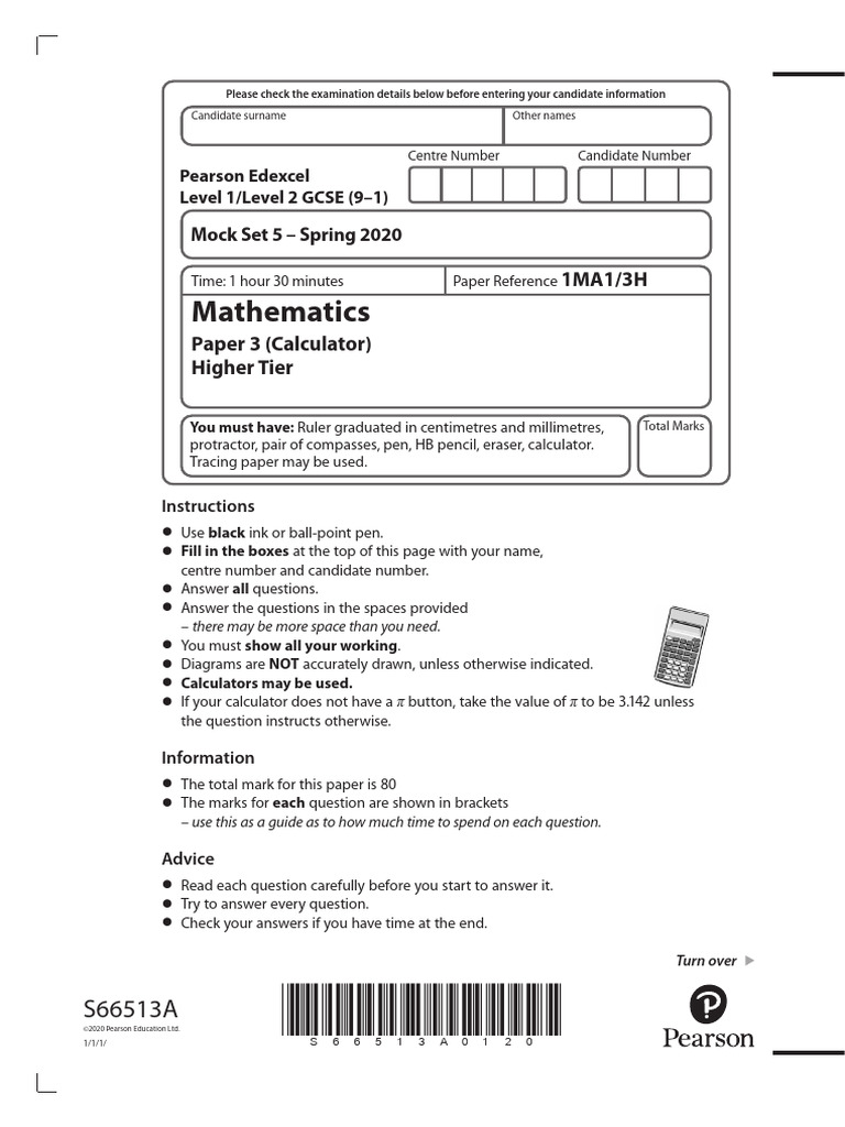06a GCSE (9-1) Mathematics Mock Set 5 Paper 3H PDF | PDF