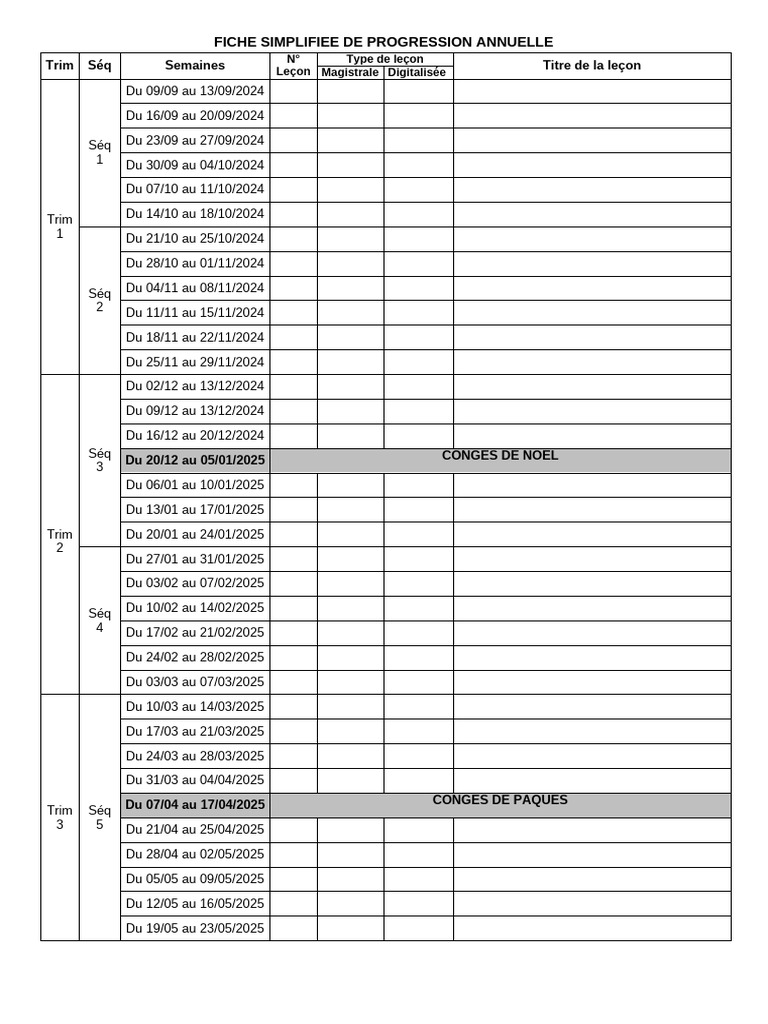 Fiche Simplifiee de Progression Annuelle 2025 Modèle Bon | PDF