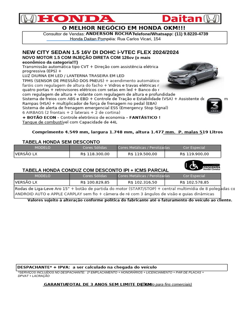 Pcd Ipi + Icms Parcial City Sedan 2024 | PDF