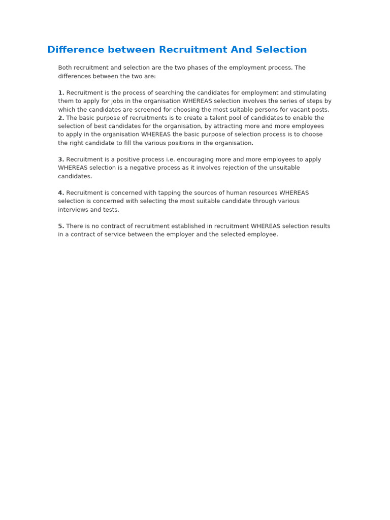 Difference Between Recruitment And Selection | PDF