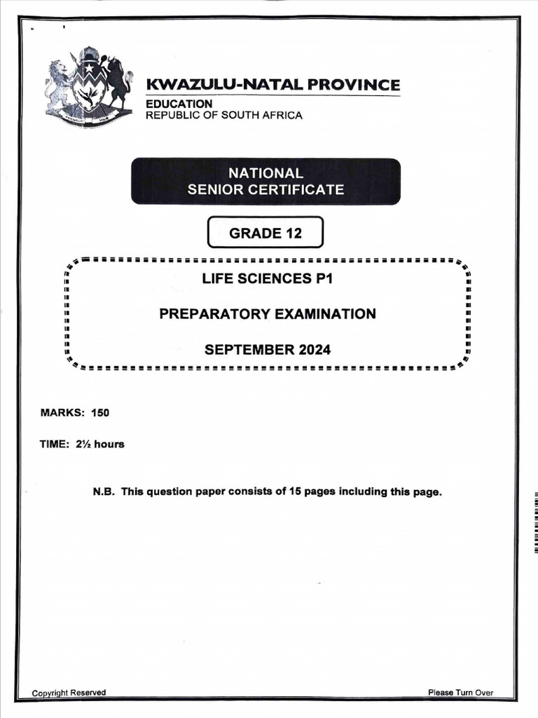 G12 Life Sciences P1 Sep 2024 KZN QP Scanned by Farhad Akoo | PDF