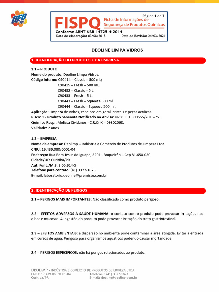 Ficha de Segurança Deoline Limpa Vidros | PDF