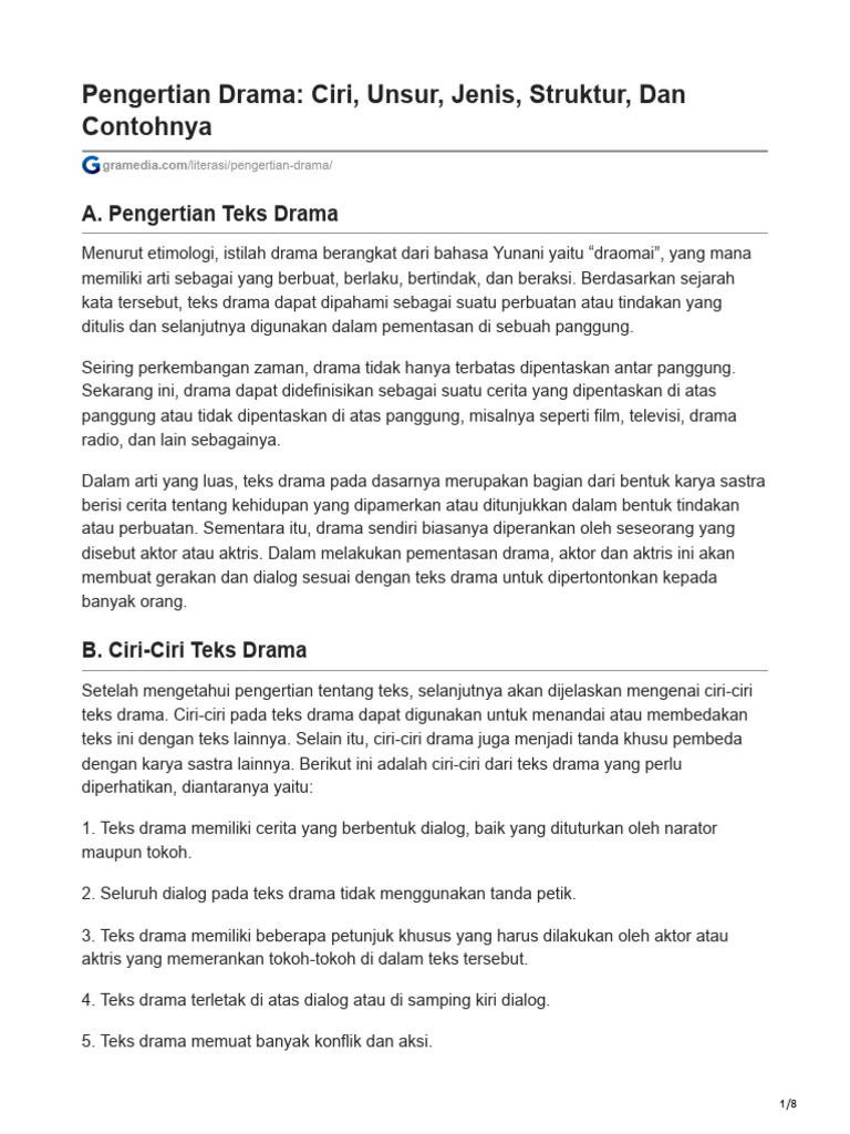 Pengertian Drama Ciri Unsur Jenis Struktur Dan Contohnya | PDF