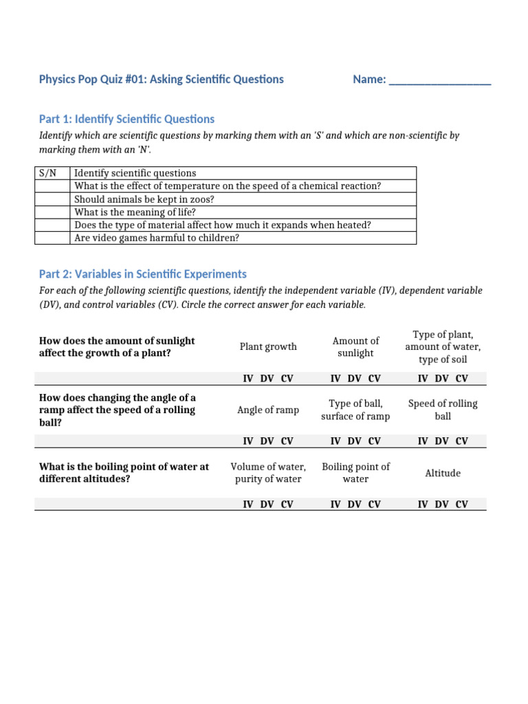 Physics Quiz Asking Scientific Questions | PDF