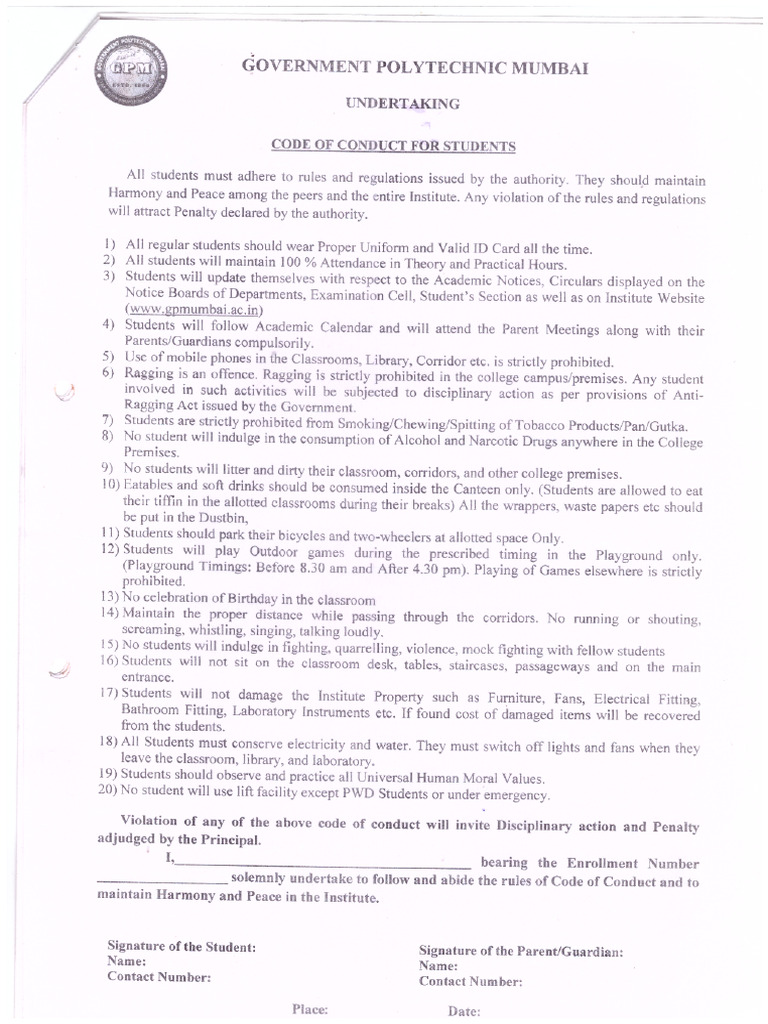 Code of Conduct For Students | PDF