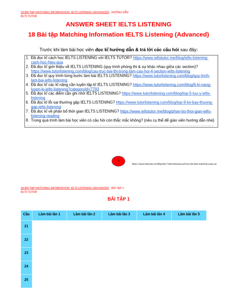Answer Sheet Ielts Listening - 18 Bài Tập Matching Information Ielts ...