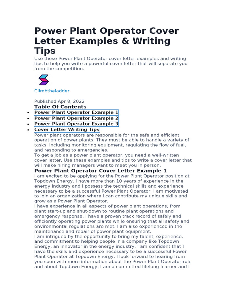 Power Plant Operator Cover Letter Examples & Writing Tips | PDF