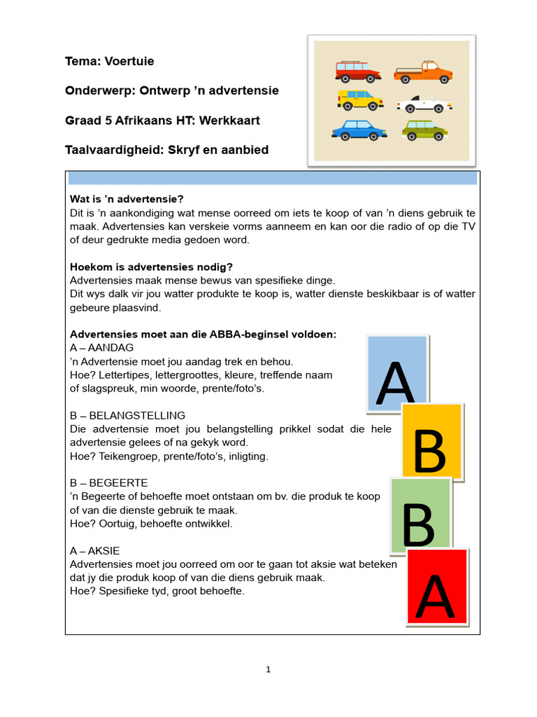 Afrikaans HT Graad 5 - Skryf en Aanbied Ontwerp 'N Advertensie - Avj | PDF