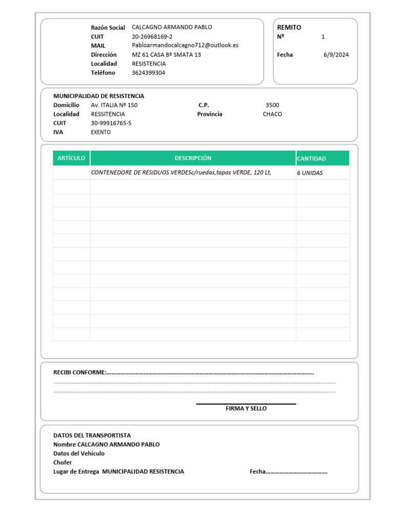 Planilla de Excel para Confeccion de Remito | PDF
