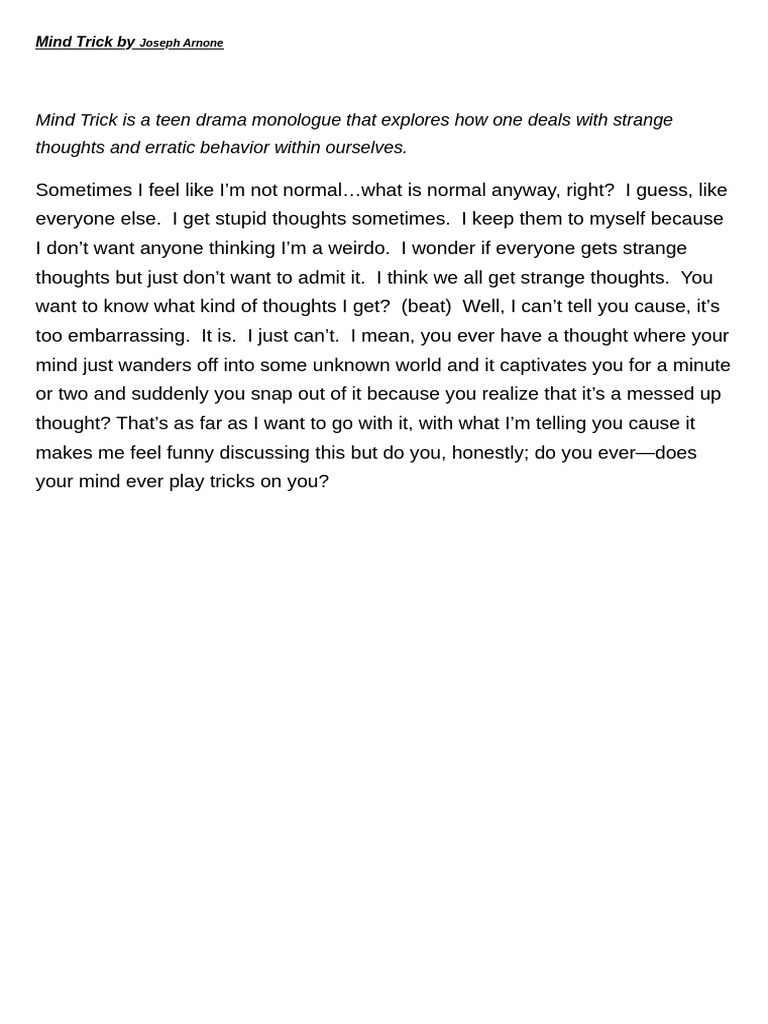 Mind Trick Is A Teen Drama Monologue That Explores How One Deals With ...