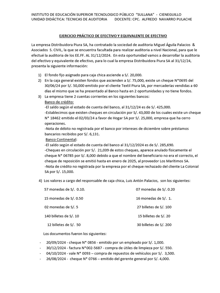 Practica Dirigida Auditoria Efectivo y Equivalente de Efectivo - Modular-2024-II | PDF | Bancos ...