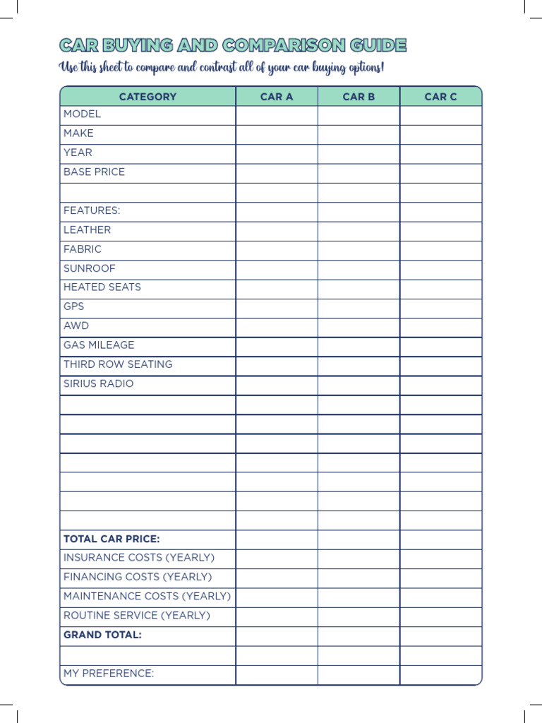 Car Comparison Worksheet | PDF