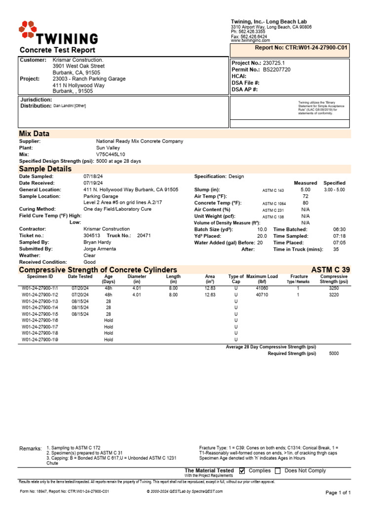 Concrete Test Report: Report No: CTR:W01-24-27900-C01 | PDF