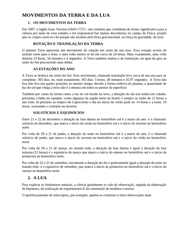 OS MOVIMENTOS DA TERRA E LUA | PDF