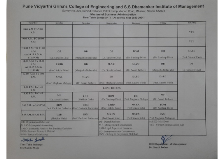 Time Table Semester I 2023-24 | PDF