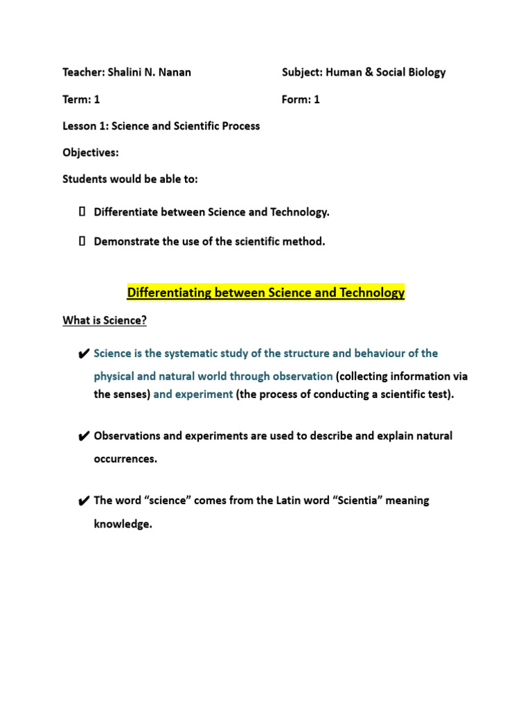 Week 1 Lesson 1 Science and Scientific Process Notes | PDF
