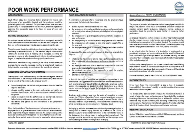 Poor Work Performance Info Sheet 2023-01 | PDF