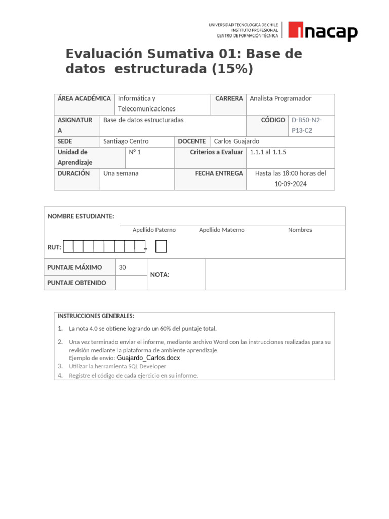 Evaluación Sumativa 1 - Bases de Datos Estructurada | PDF | Informática