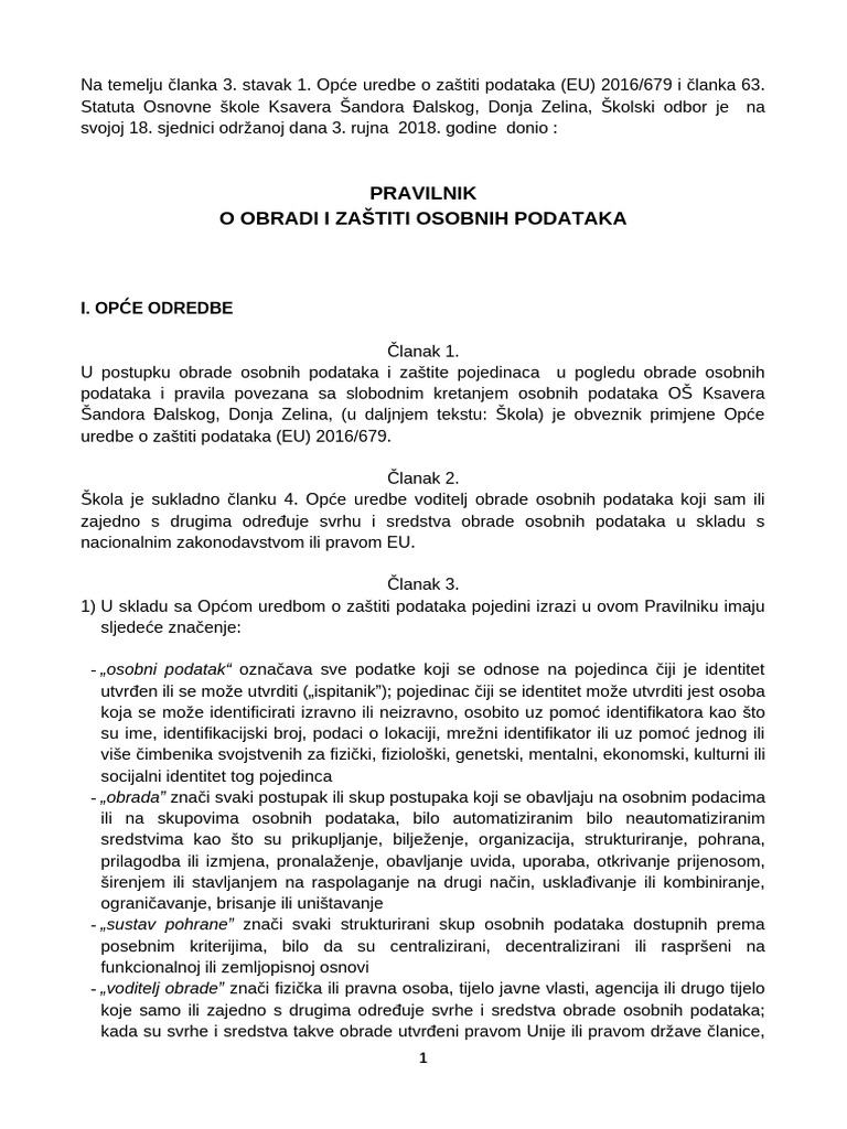 Pravilnik o Obradi I Zaštiti Podataka | PDF
