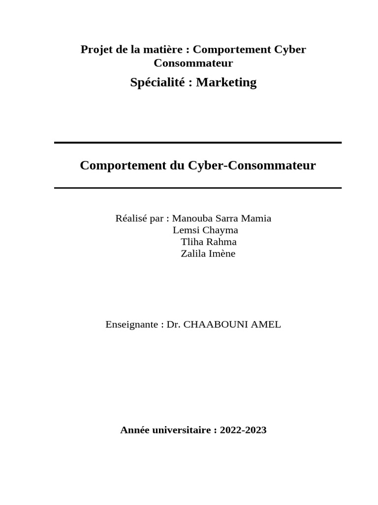 Spécialité: Marketing: Projet de La Matière: Comportement Cyber ...