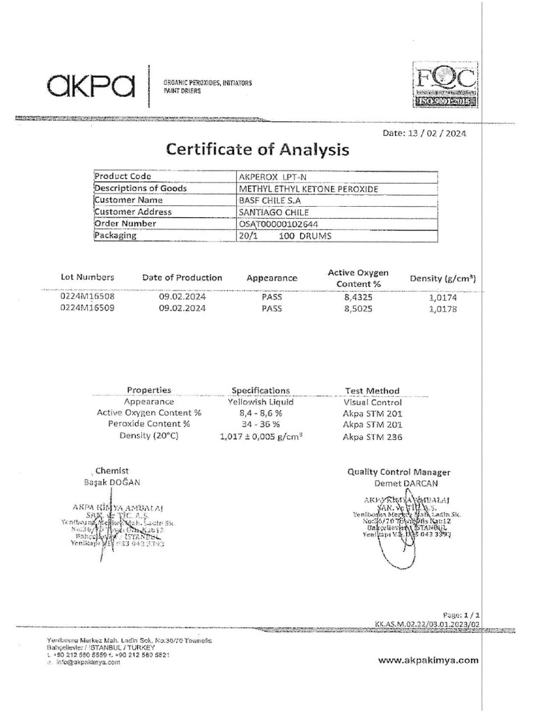 certificado de analisis AKPEROX | PDF