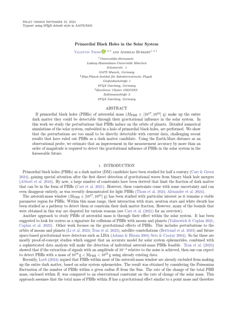 Primordial Black Holes in The Solar System: Valentin Thoss | PDF