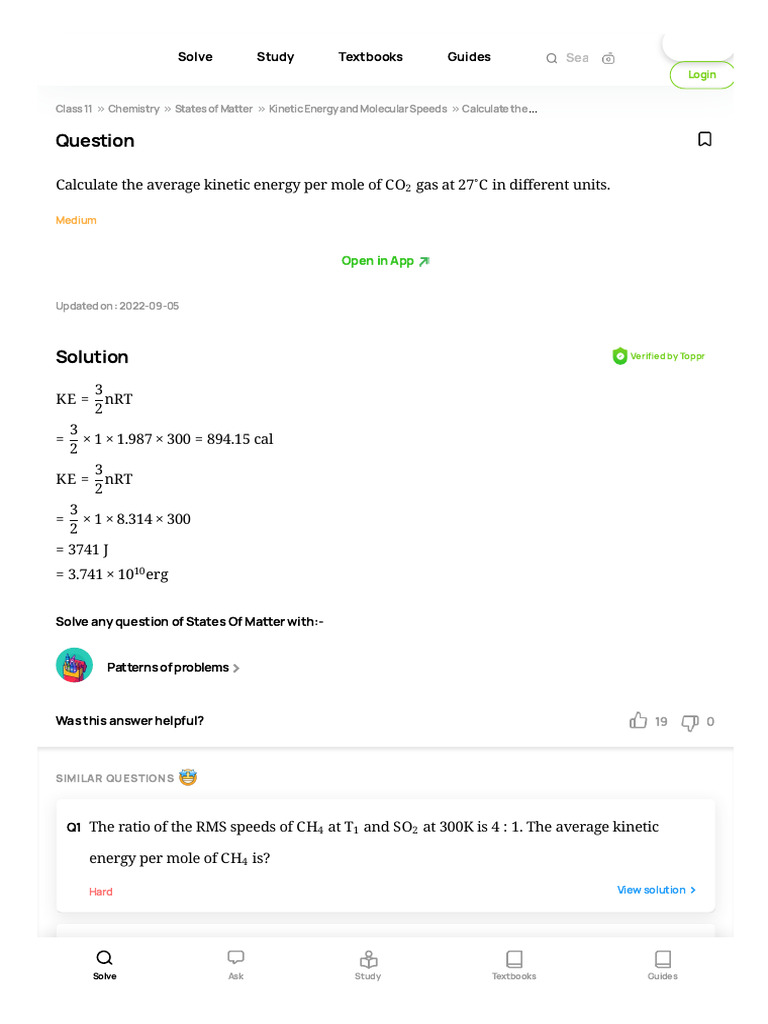 Calculate The Average Kinetic Energy Per Mole of CO2 Gas at 27 C in ...