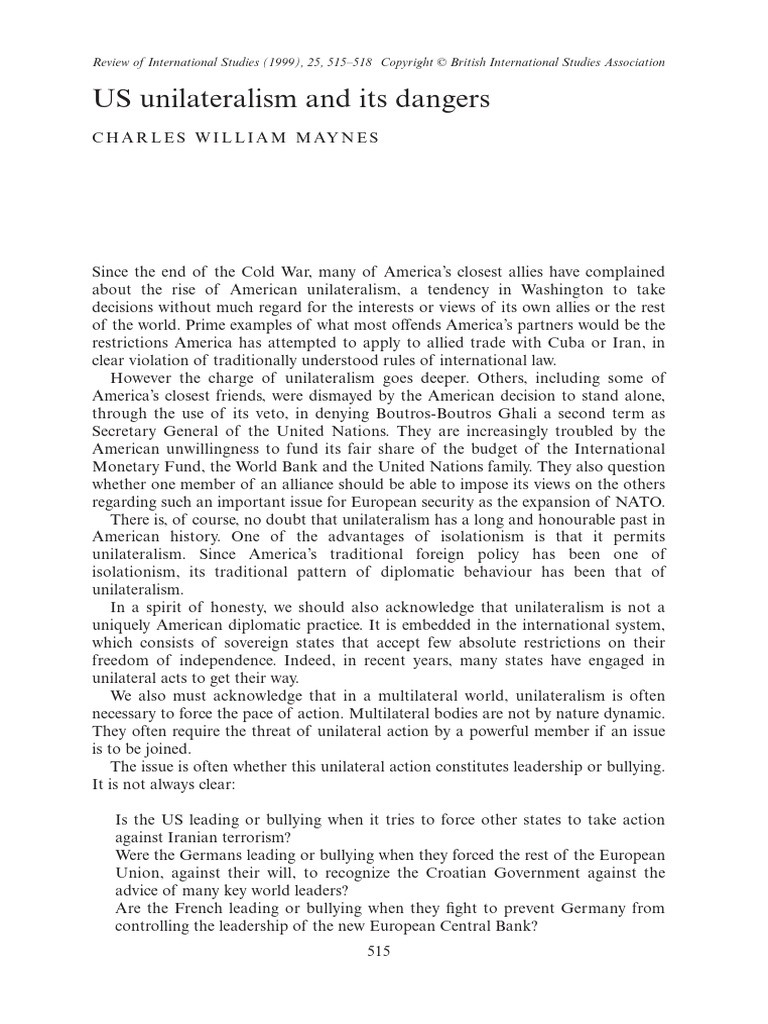 US Unilateralism and Its Dangers | PDF