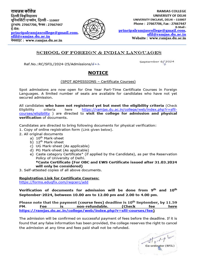 Notice SPOT Admissions For Certificate 2024-25 | PDF