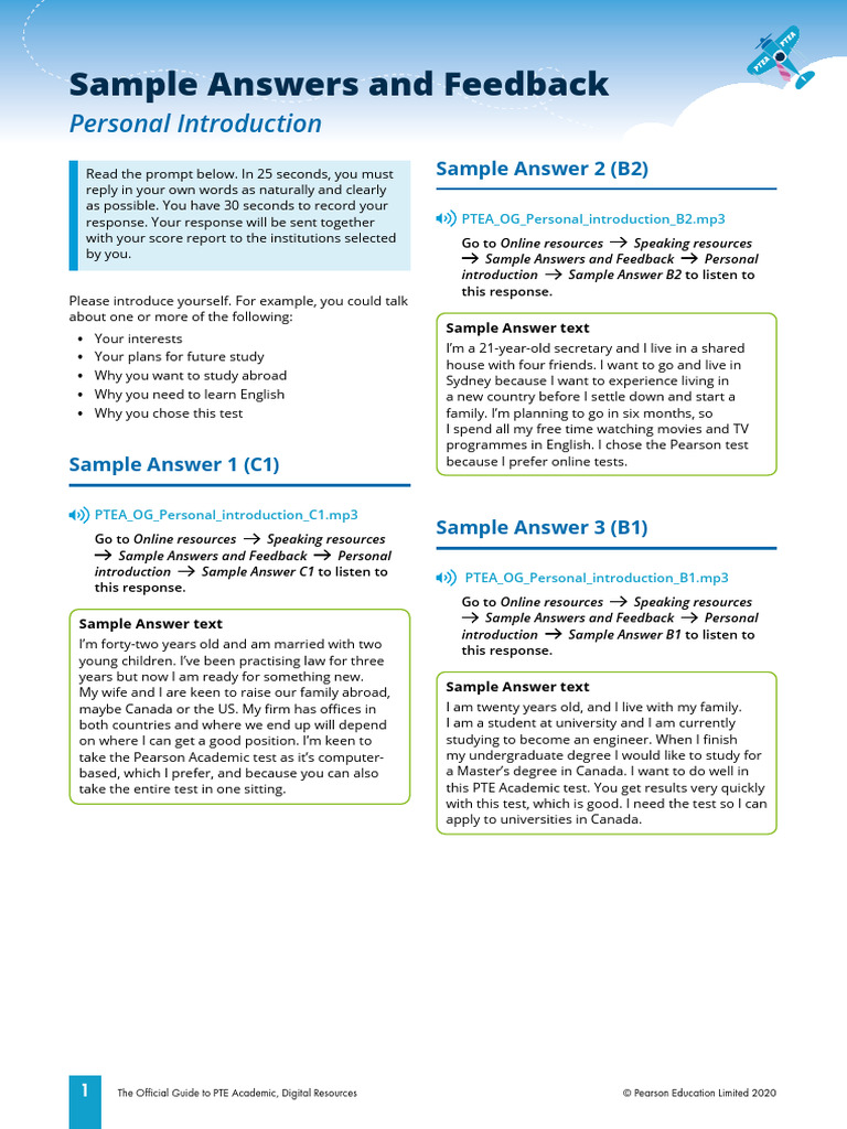Sample Answers and Feedback Personal Introduction | PDF