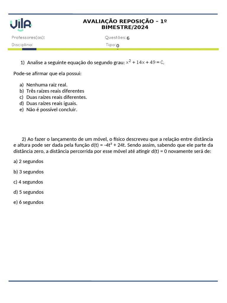 Prova REP AV1 2 TRI 9 ANO VILA SUL | PDF