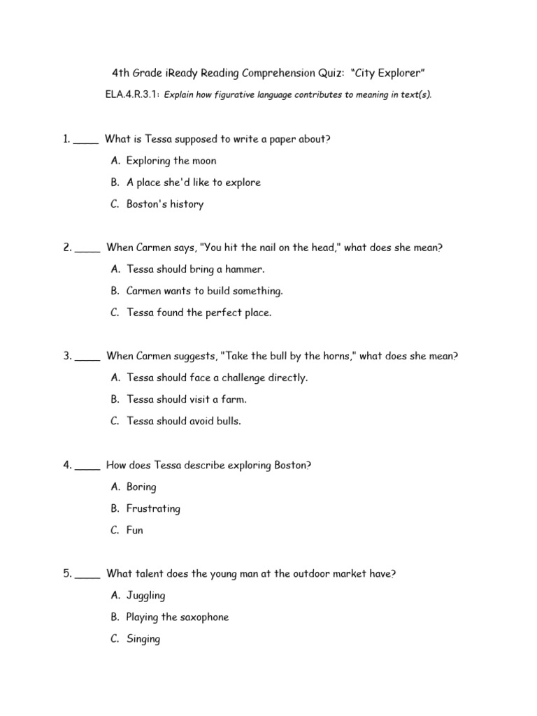 4Th Grade Iready Reading Comprehension Quiz: "City Explorer" | PDF